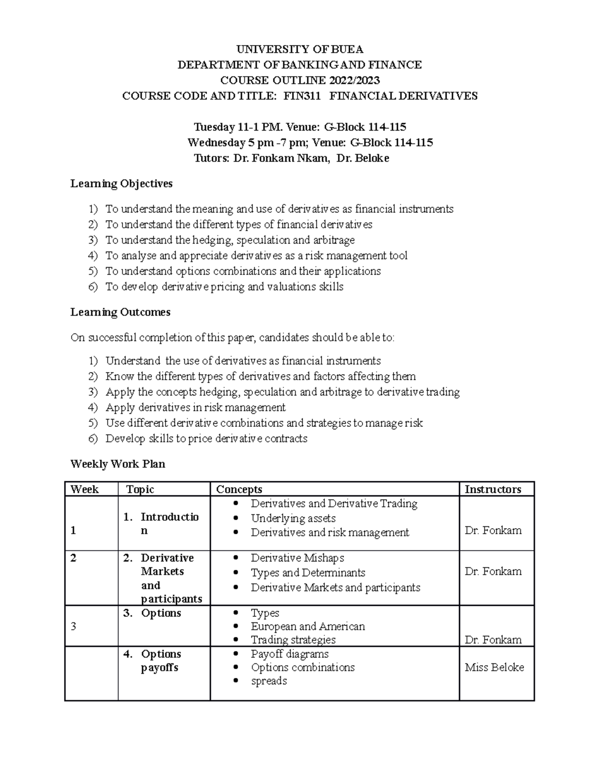 FIN311 Course Outline - UNIVERSITY OF BUEA DEPARTMENT OF BANKING AND ...