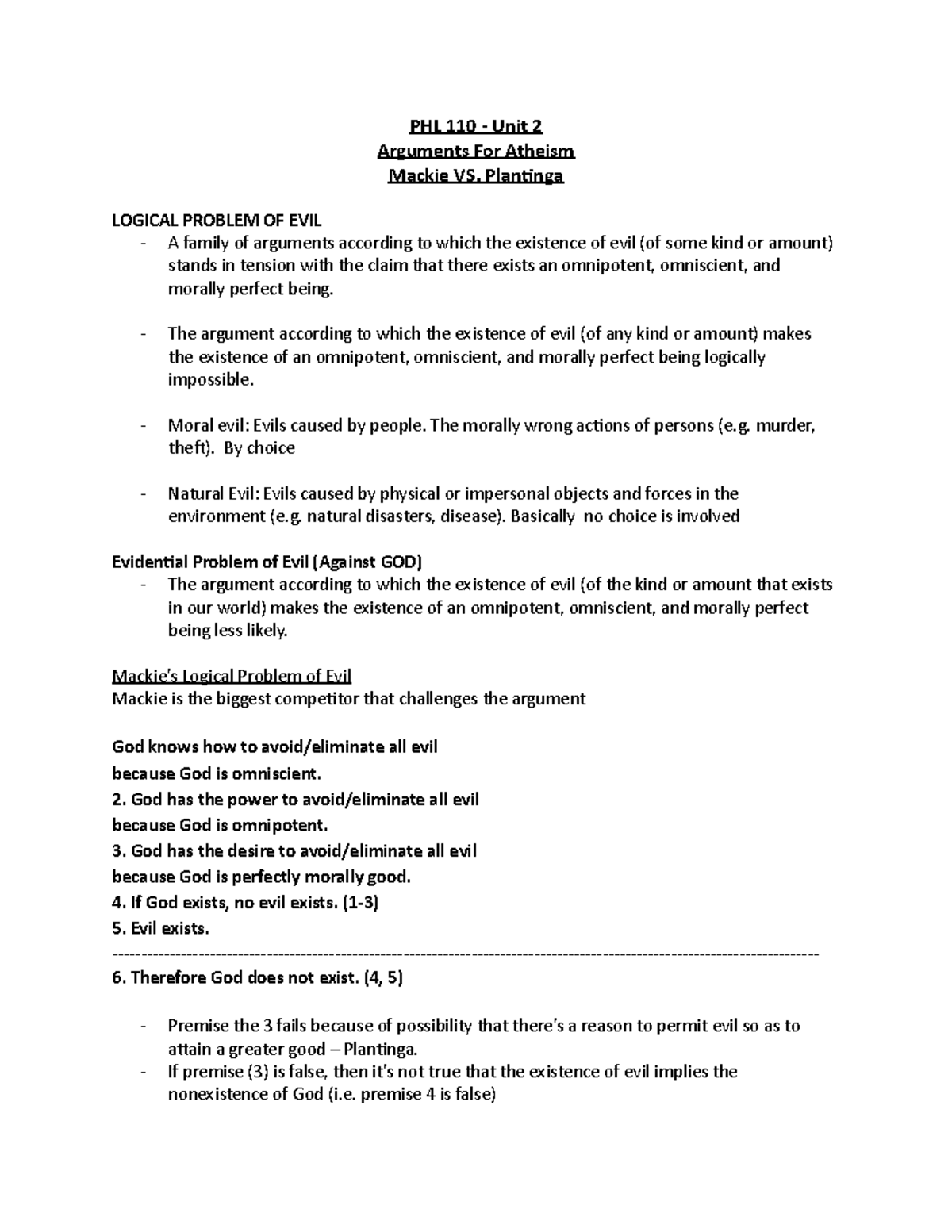 PHL 110 Unit 2 logical problem of evil - PHL 110 - Unit 2 Arguments For ...