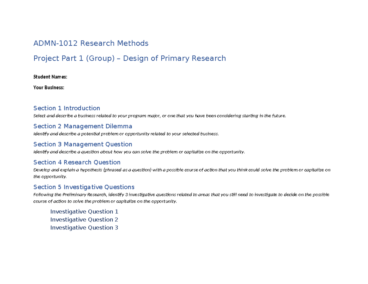 Project Part 1 (Group) – Design of Primary Research - ADMN-1012 ...