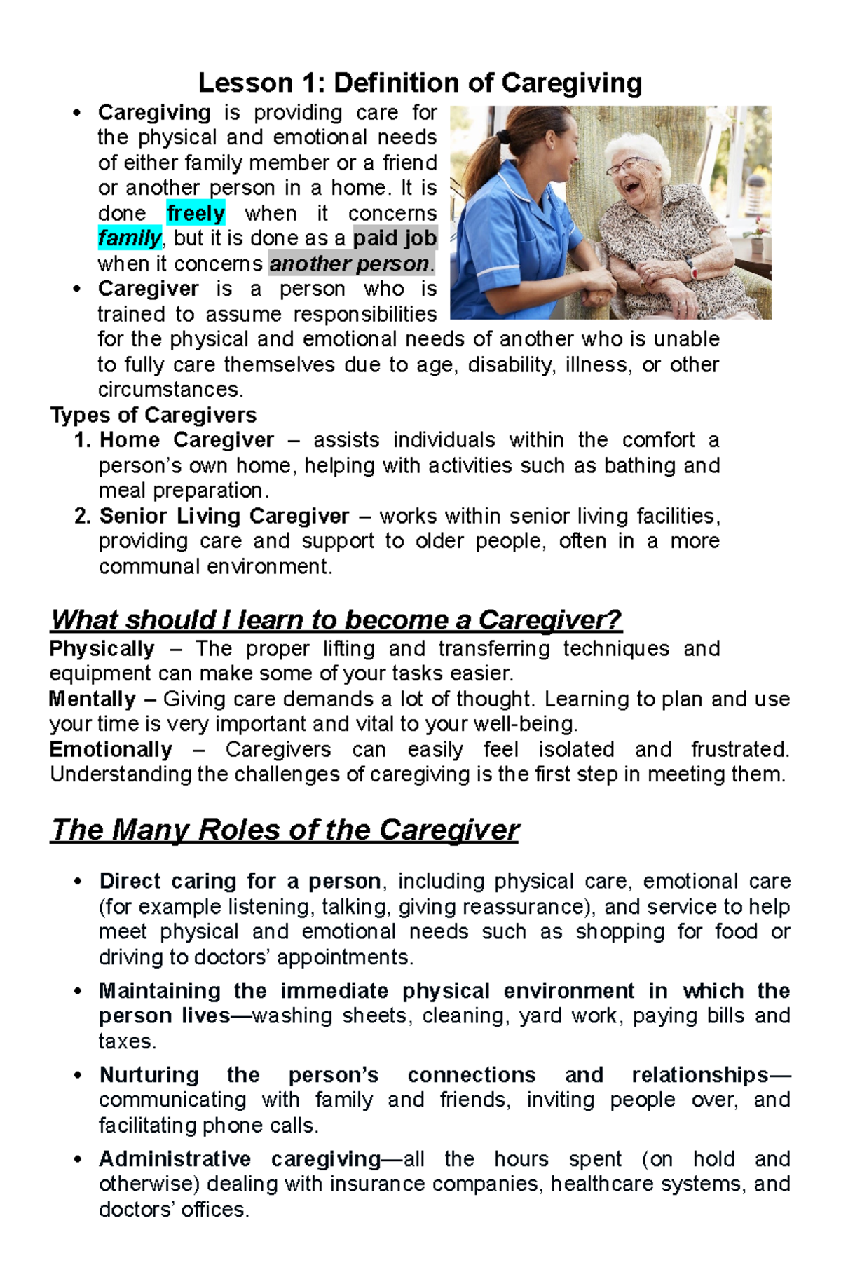 Lesson 1 Caregiving - Lesson 1: Definition of Caregiving Caregiving is ...