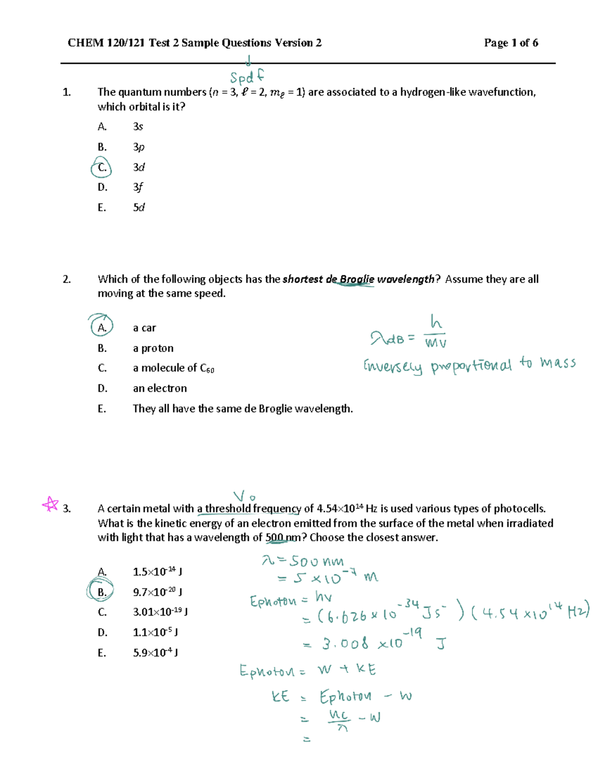 CHEM 120-121 Test 2 Sample Questions Version 2 Upd 221109 014610 - The ...