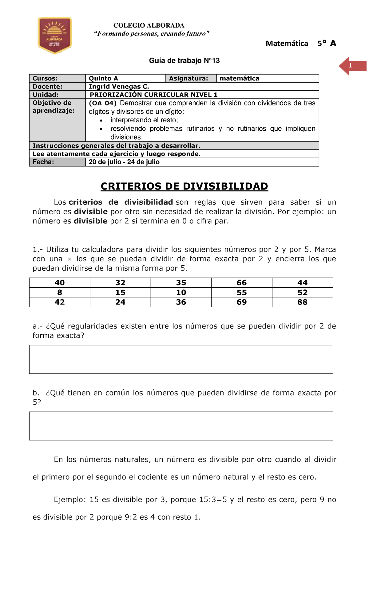 GUIA 13 Matematica 5°A - Matemqtica análisis - “Formando personas ...