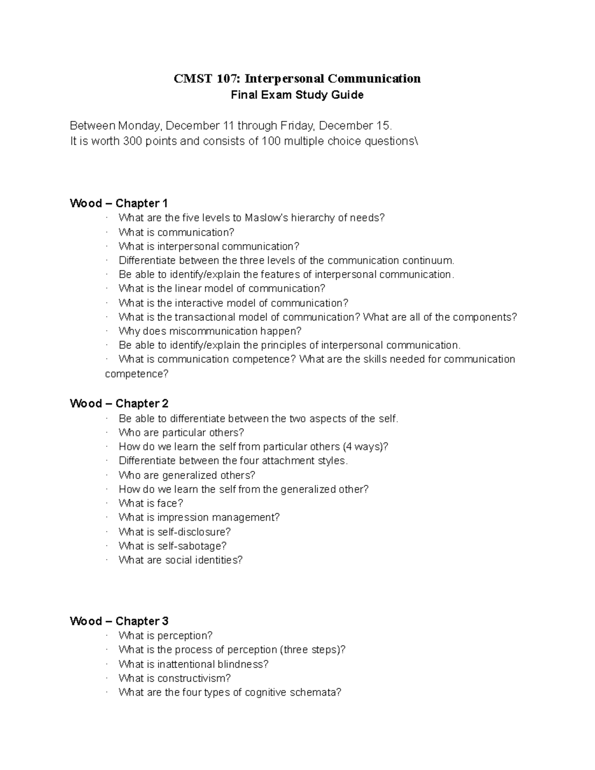 CMST 107 Final Exam Study Guide - CMST 107: Interpersonal Communication ...