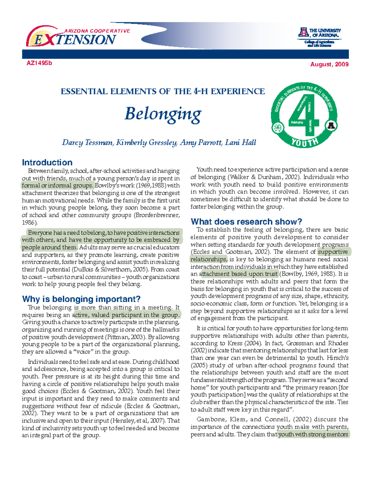 Belonging Tessman ET AL - ARIZONA COOP E R AT I V E E TENSION - Studocu