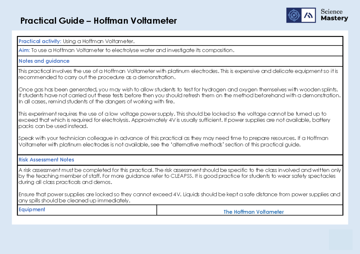 C4.2 Hoffman Voltameter - GCSE Practical Guide - Practical activity ...