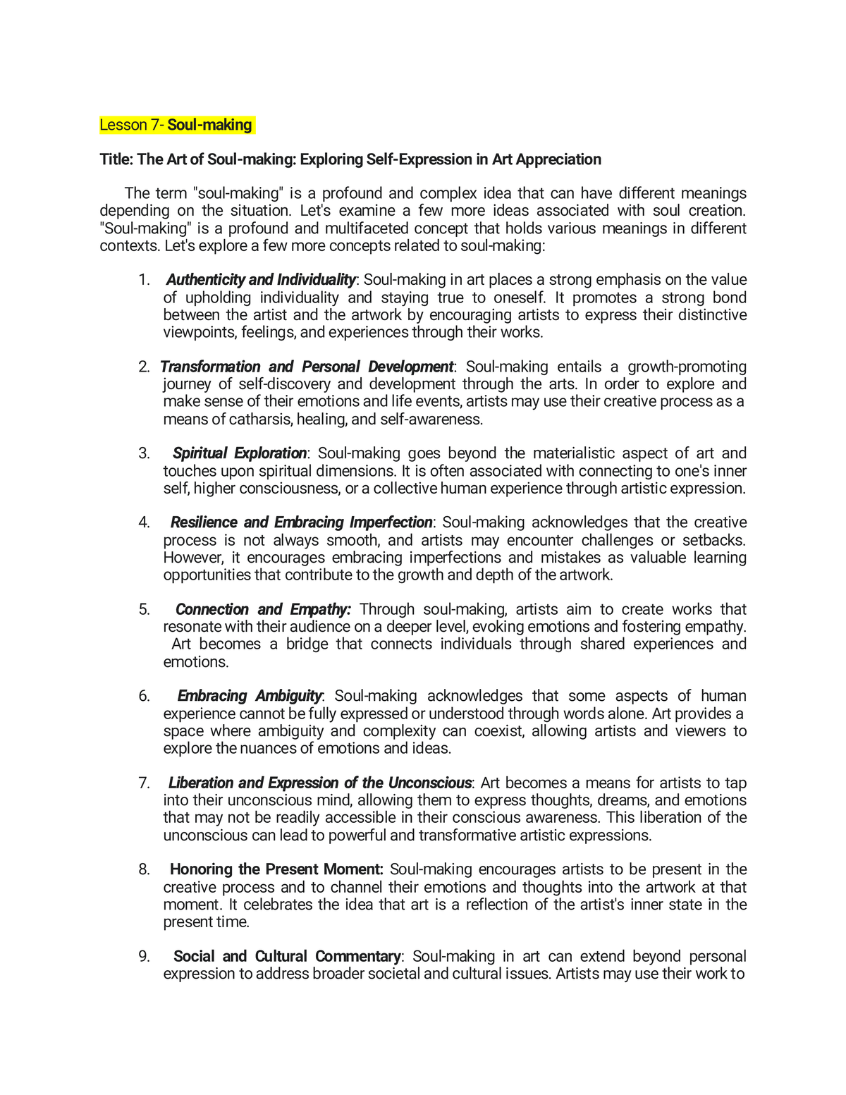 Lesson 7 Soul Making - lectures - Lesson 7- Soul-making Title: The Art ...