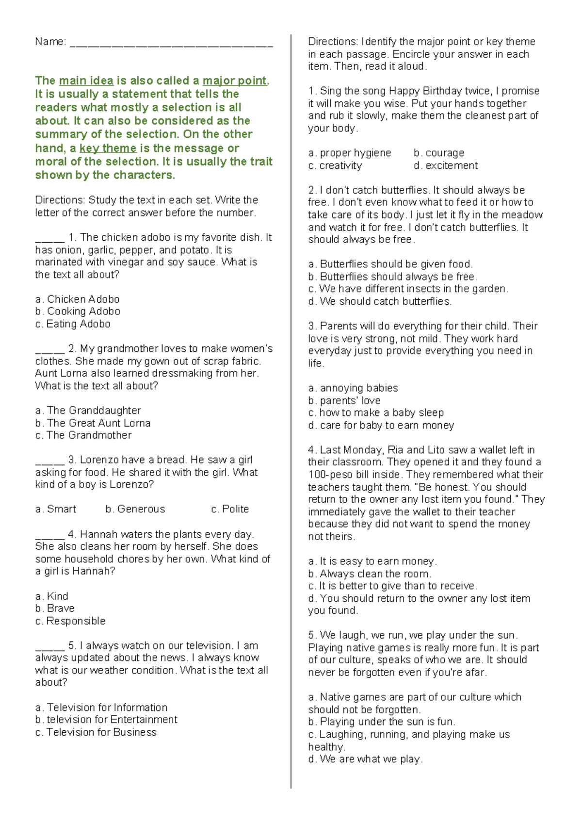 Identify the major point or key theme - Name ...