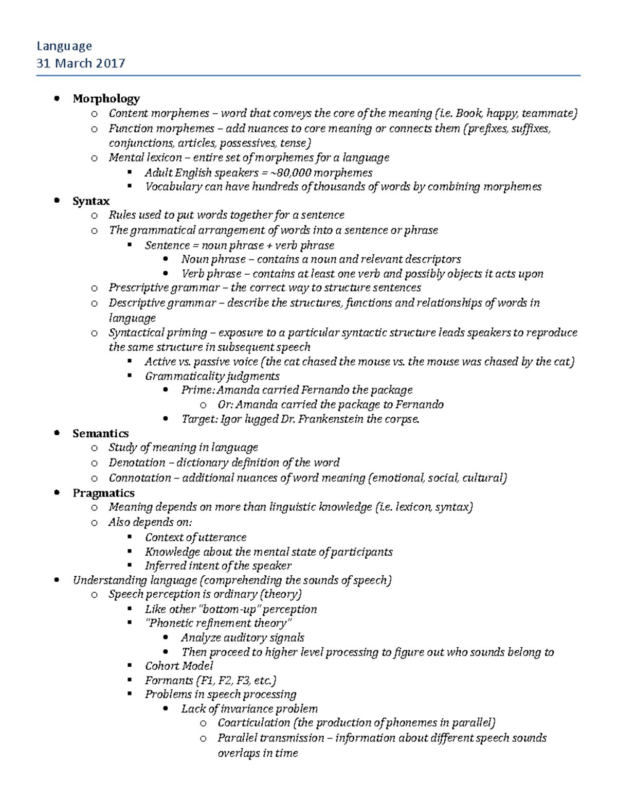 27 - Language - Lecture notes - Language 31 March 2017 Morphology o ...