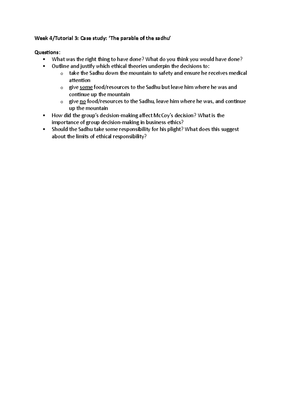 Week 4 Tutorial 3 Case study The parable of the sadhu - Week 4/Tutorial ...