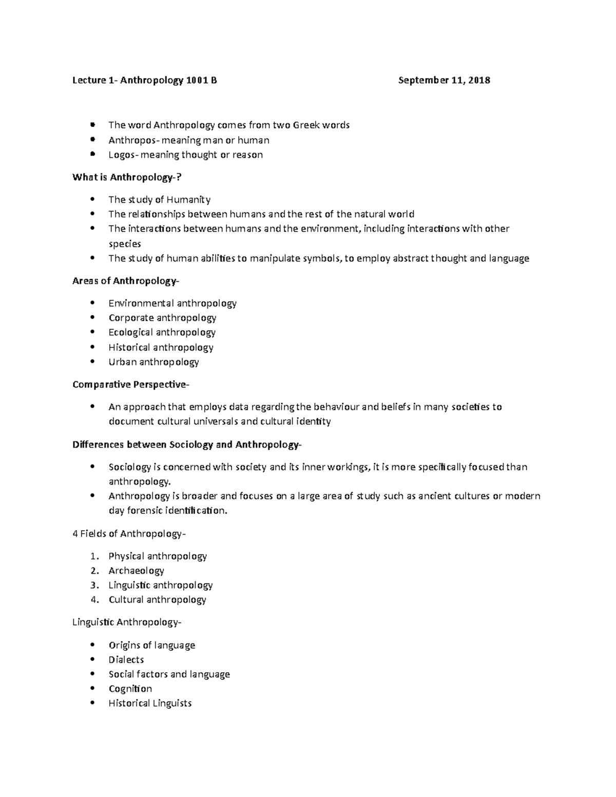 Lecture 1- Intro to Anthropology - Lecture 1- Anthropology 1001 B ...