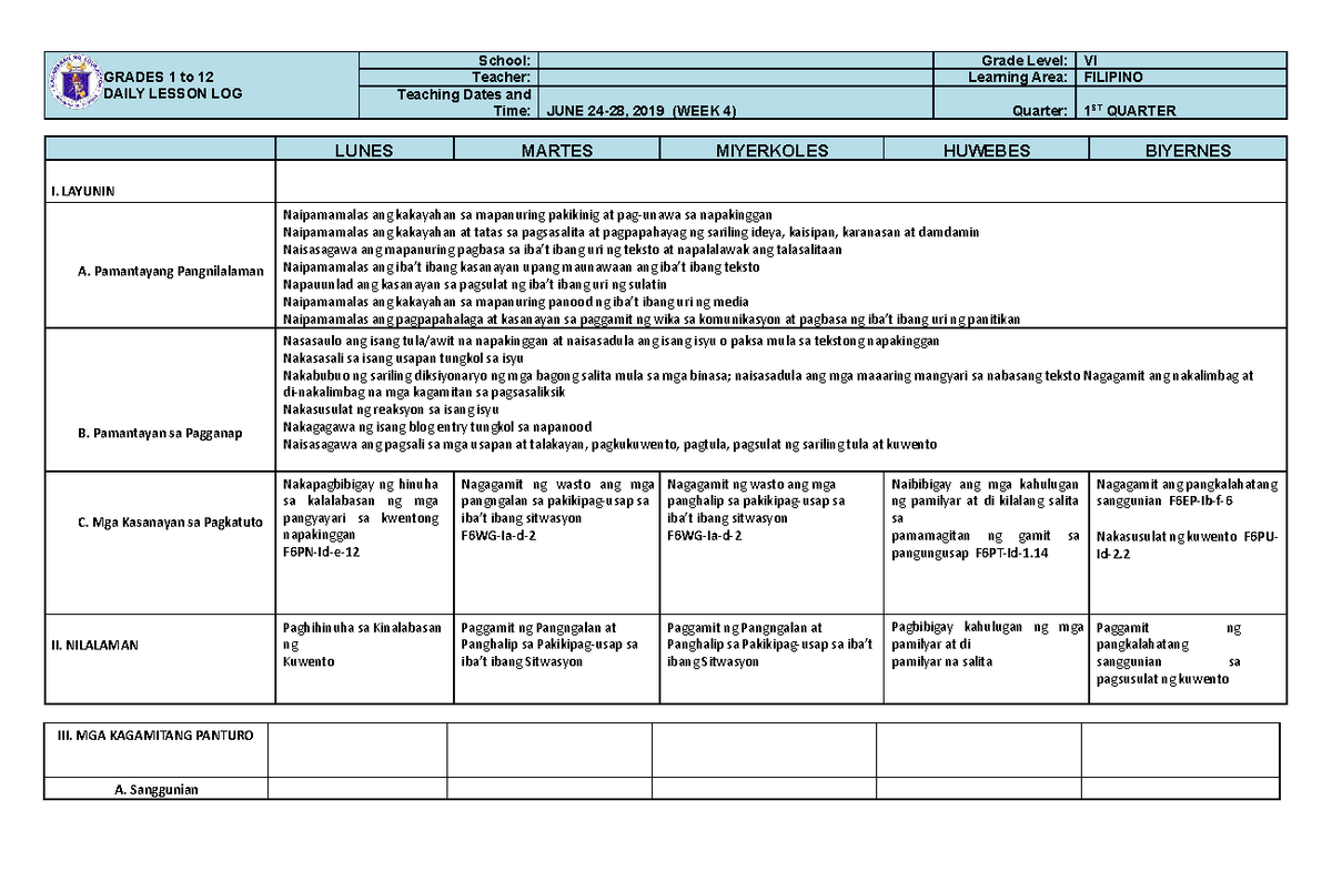 DLL Filipino 6 Q1 W4 - HELPFUL - GRADES 1 to 12 DAILY LESSON LOG School ...