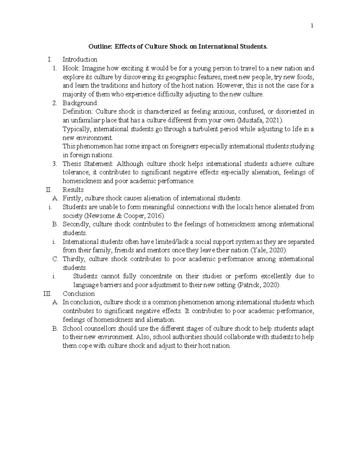Student sample of lit review outline - 1 Outline: Effects of Culture ...