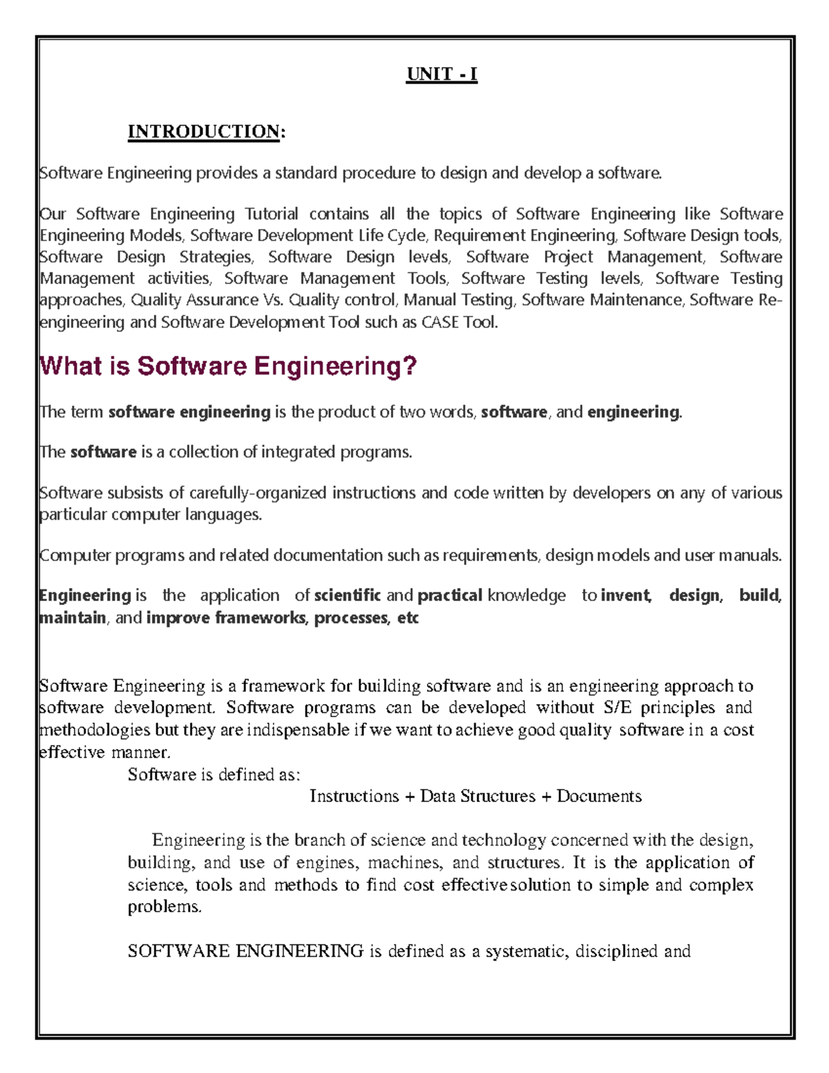 SE - Useful for engineering students - UNIT - I INTRODUCTION: Software ...