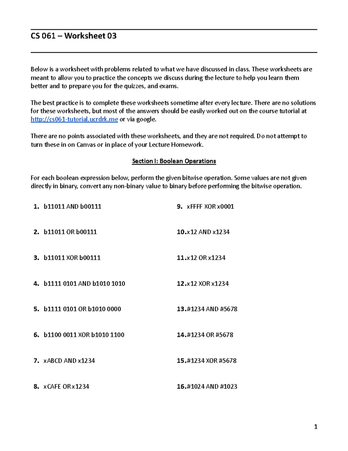 Worksheet 3 - CS 061 – Worksheet 03 Below is a worksheet with problems ...