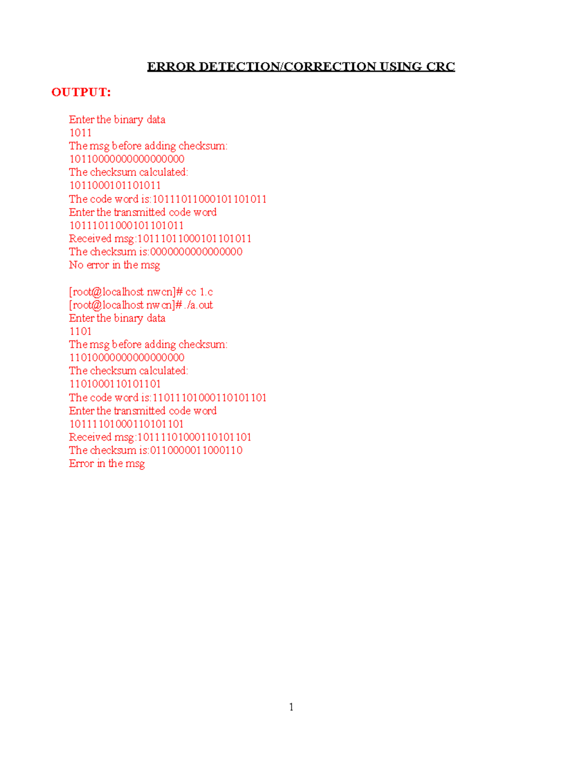 Communication Networks Lab manual outputs - ERROR DETECTION/CORRECTION ...