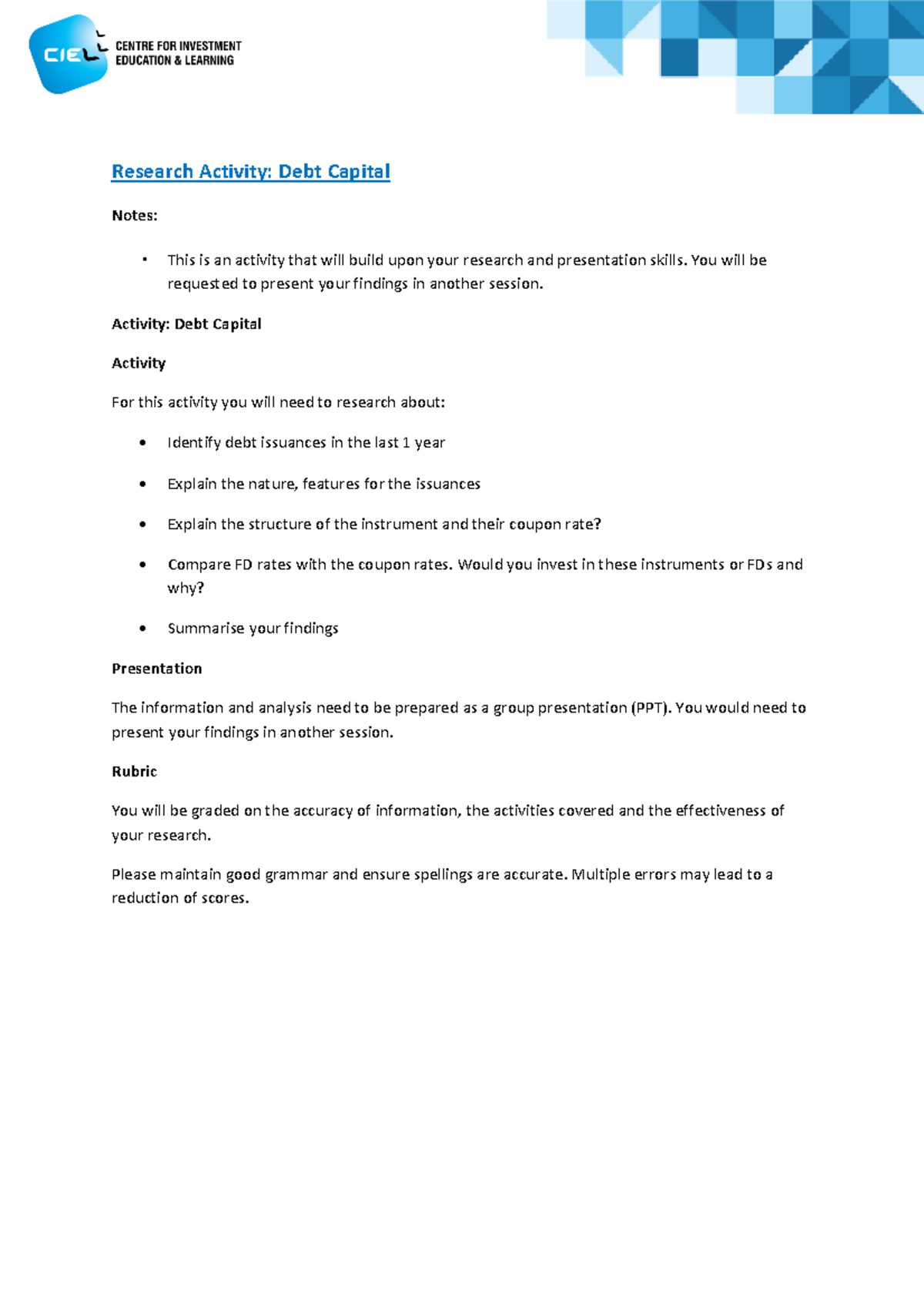 Session 15 Debt Capital Research Activity - Research Activity: Debt ...