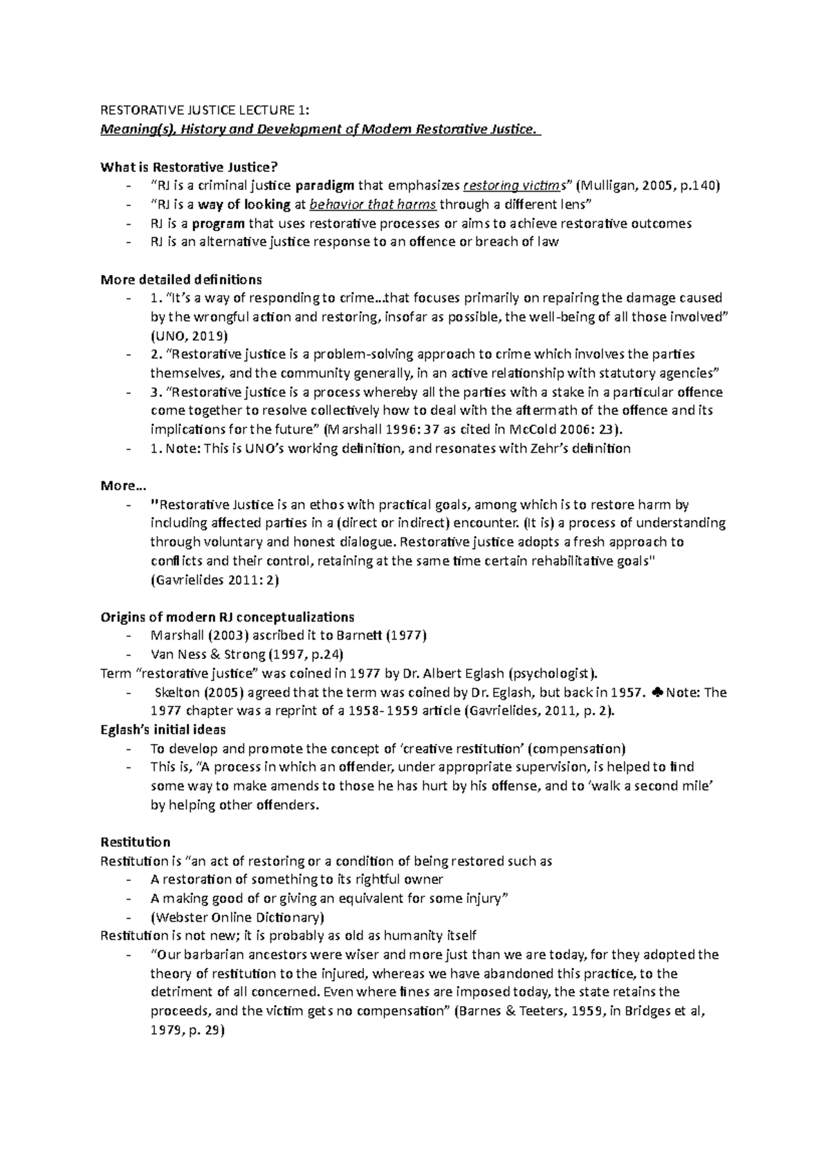 Understanding Restorative Justice Lecture 1 Notes - RESTORATIVE JUSTICE ...