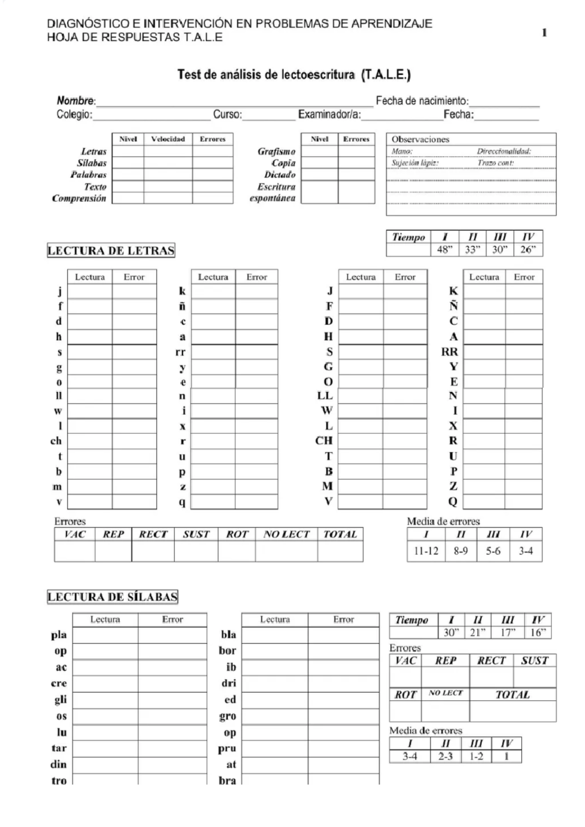 HOJA DE Respuestas TEST TALE - DIAGNÓSTICO E INTERVENCIÓN EN PROBLEMAS ...