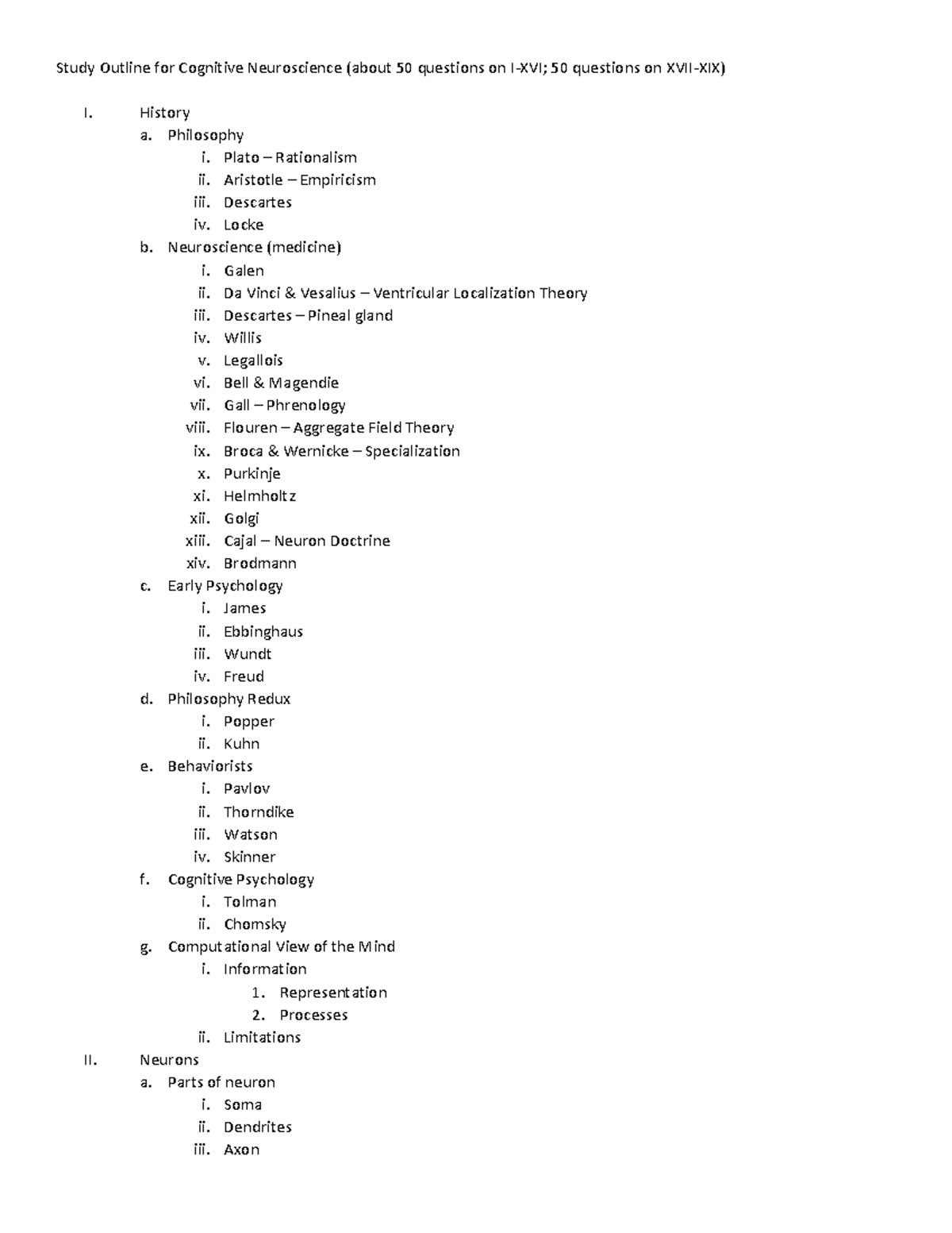 Study Outline for Cognitive Neuroscience - History a. Philosophy i ...