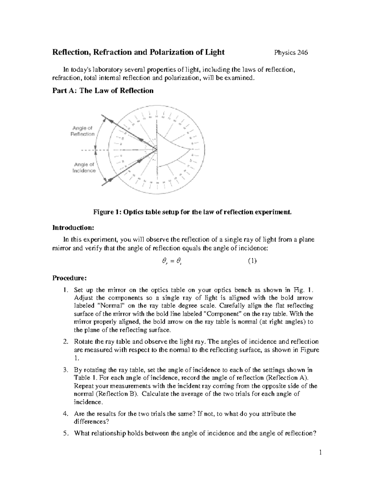 Handout Reflection, Refraction and Polarization of Light - Reflection ...