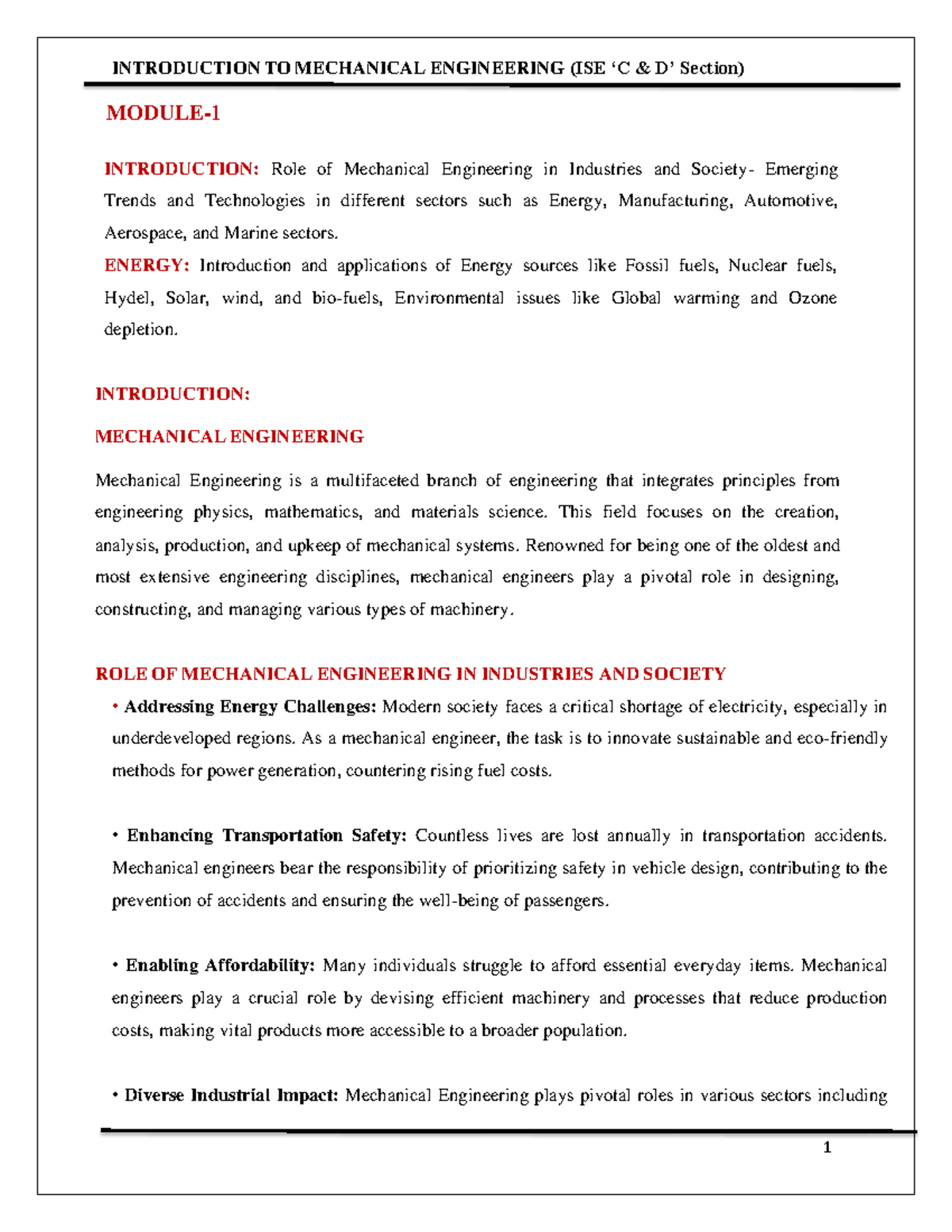 Module-1 Notes - MODULE- 1 INTRODUCTION: Role of Mechanical Engineering ...