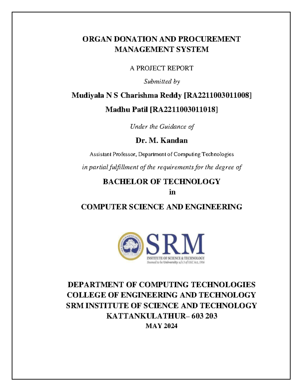 DBMS Report sample - ORGAN DONATION AND PROCUREMENT MANAGEMENT SYSTEM A ...