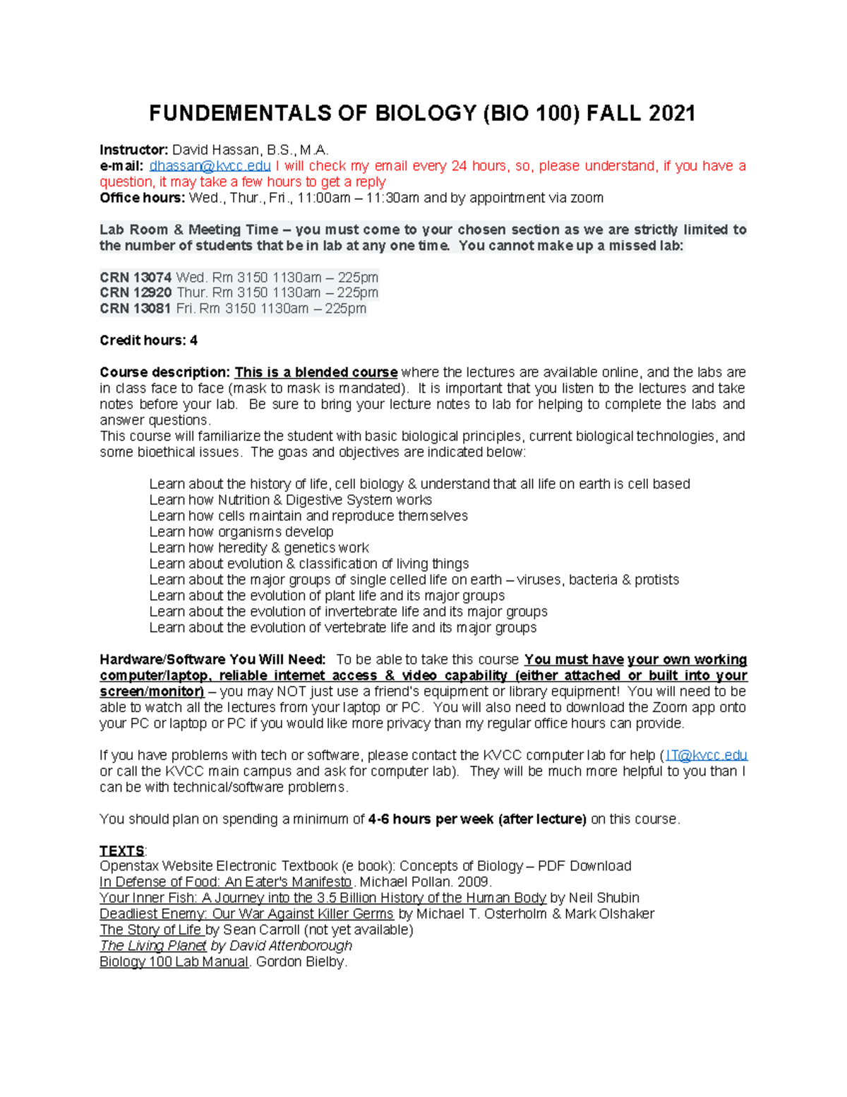Introductory Biology 100 FALL 2021 - FUNDEMENTALS OF BIOLOGY (BIO 100 ...