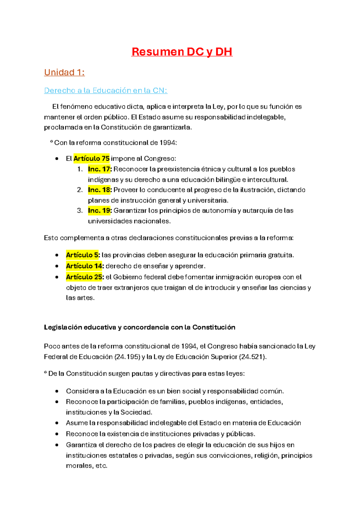 Resumen DC y DH - Resumen DC y DH Unidad 1: Derecho a la Educación en la CN: El fenómeno ...