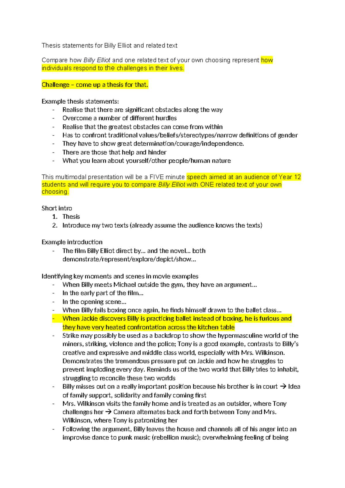 Billy Elliot Notes for Assessment - Thesis statements for Billy Elliot ...