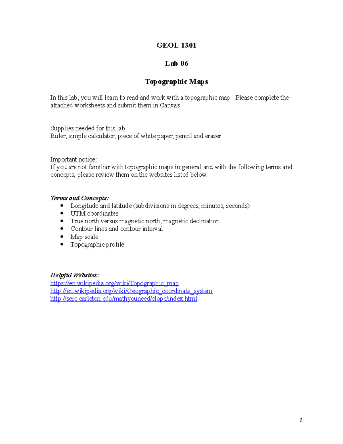 GEOL 1301 - Lab 06 - Topographic Maps - GEOL 1301Lab 06 In this lab, you will learn to read and ...