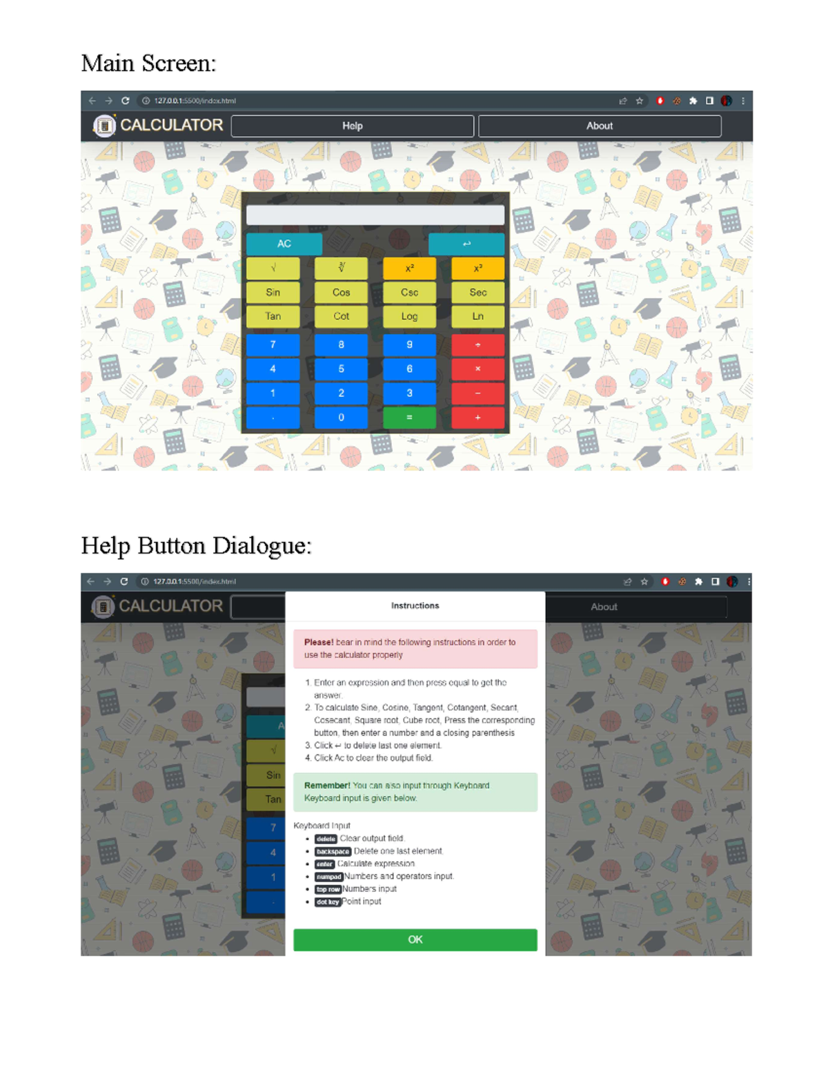 WEB-A#3 - Assignment - Main Screen: Help Button Dialogue: About Button ...