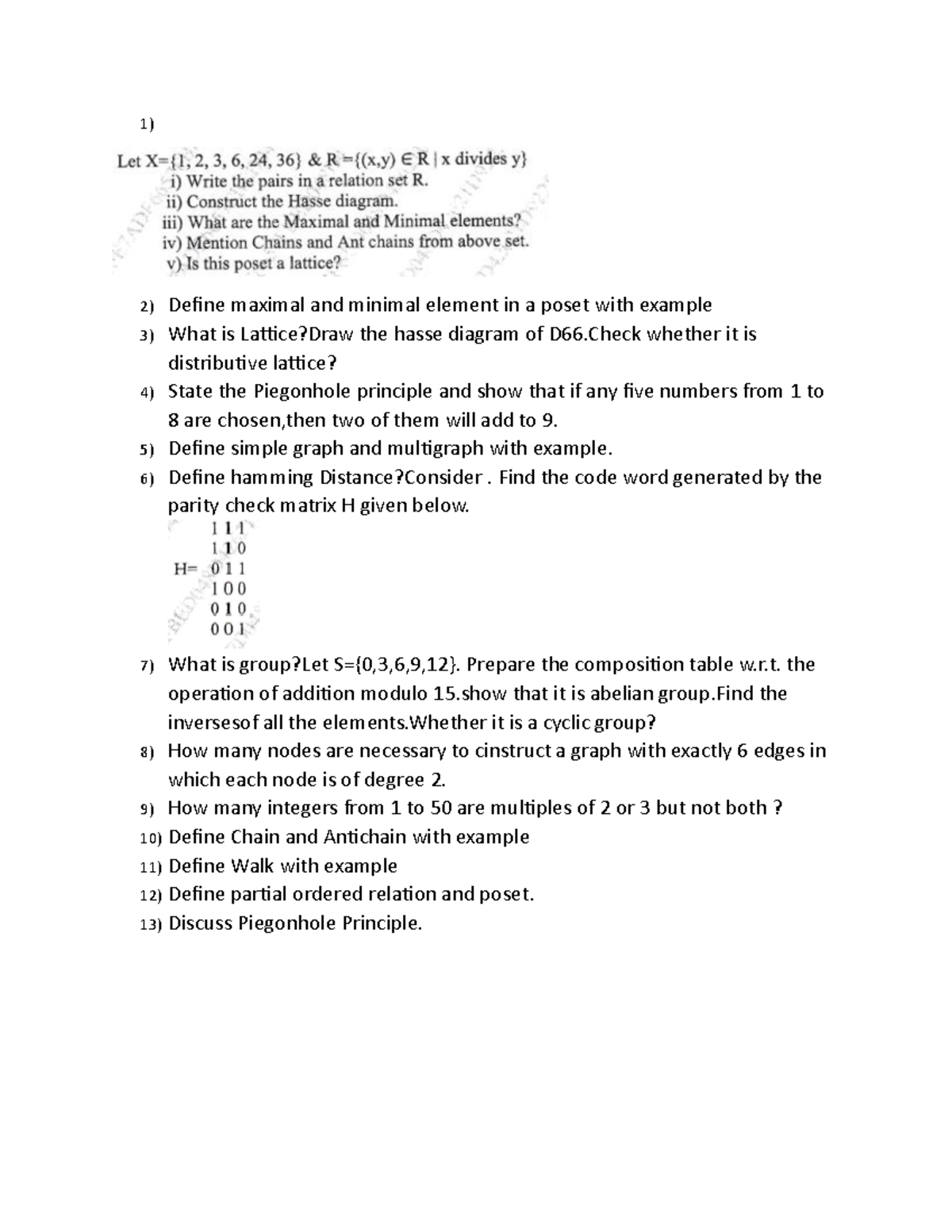 DSGT IA2 Question bank - 1) 2) Define maximal and minimal element in a ...