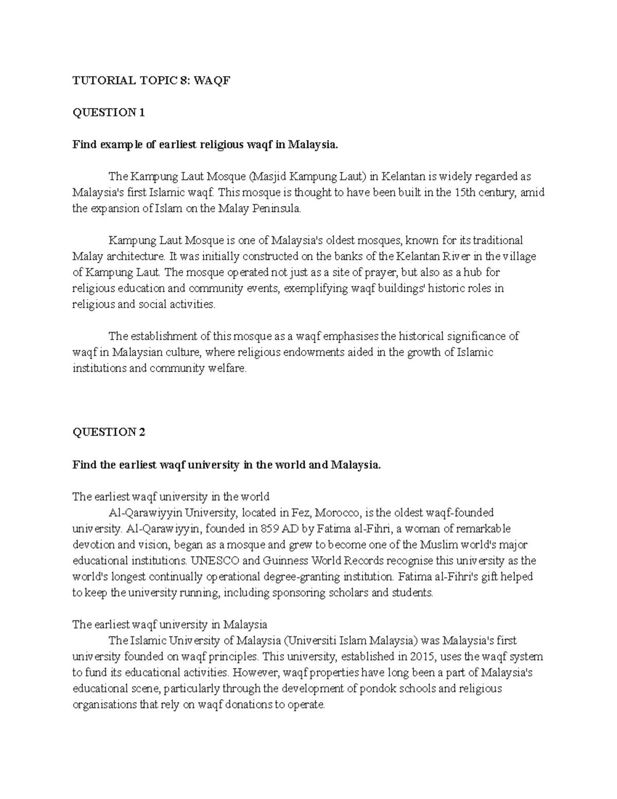 TUTORIAL TOPIC 8 _WAQF - TUTORIAL TOPIC 8: WAQF QUESTION 1 Find example ...