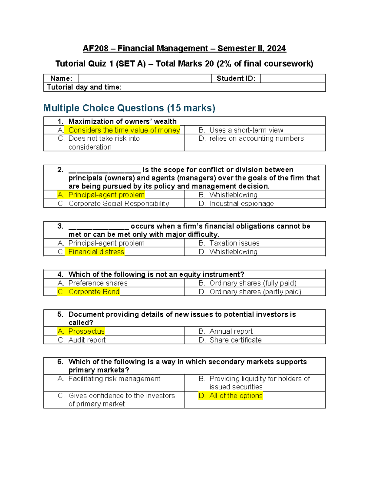 AF208 Quiz 1 A - uni - AF208 – Financial Management – Semester II, 2024 ...