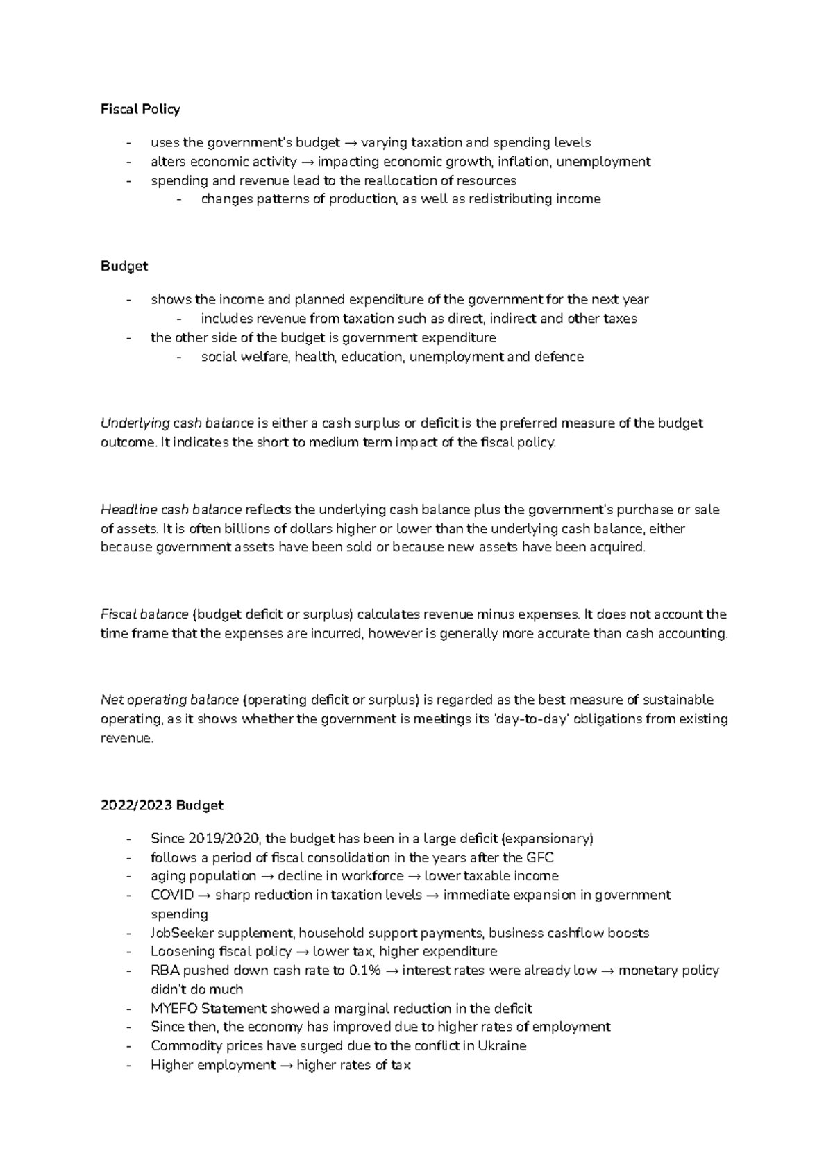 Budget Notes - Fiscal Policy - uses the government’s budget → varying ...