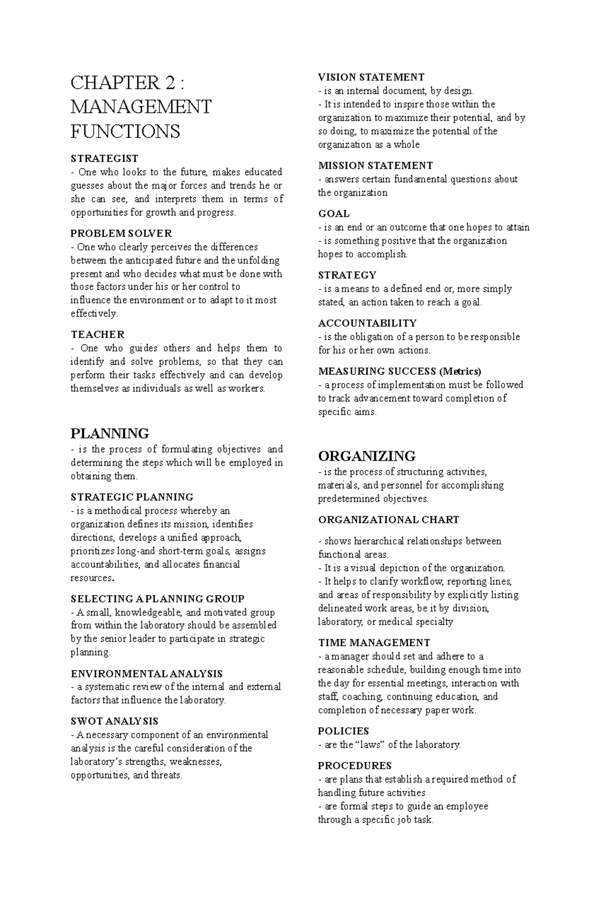 Chapter 2- Labman - notes - CHAPTER 2 : MANAGEMENT FUNCTIONS STRATEGIST ...