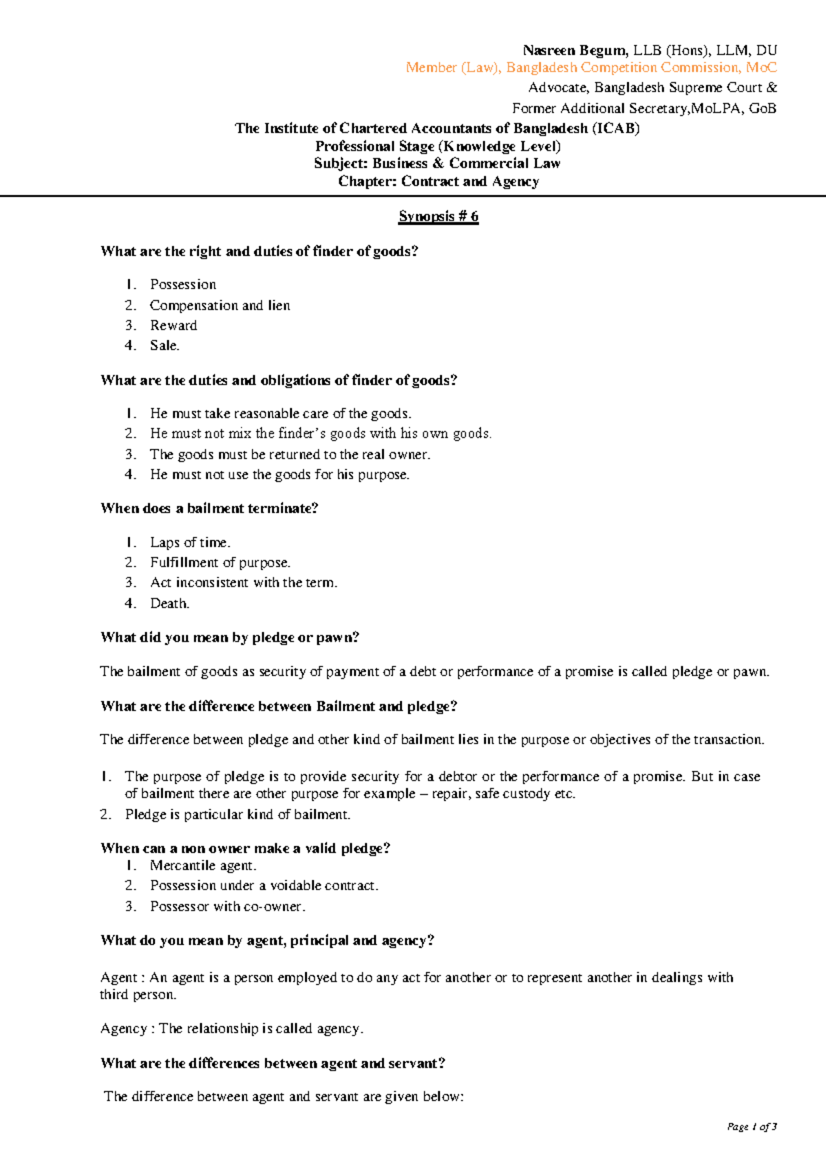 Synopsis-6( Chapter-1.Contract and Agency) 3 - Nasreen Begum, LLB (Hons ...