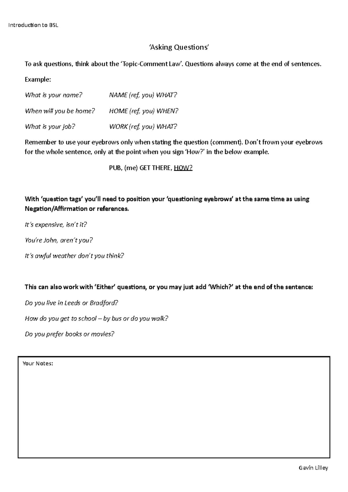 Asking questions - practice sheet - Introduction to BSL ‘Asking ...