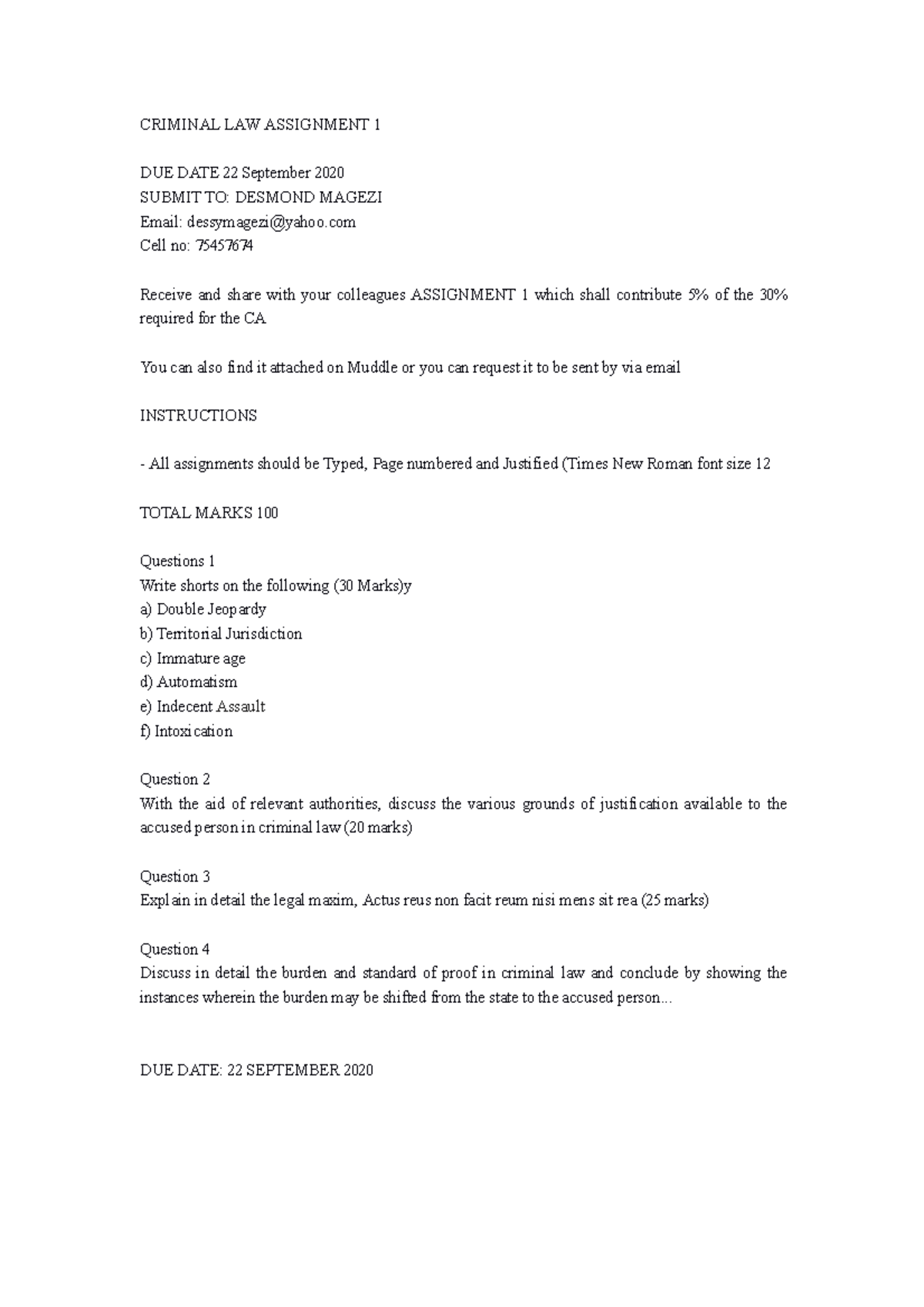 Criminal LAW Assignment 1 - CRIMINAL LAW ASSIGNMENT 1 DUE DATE 22 ...