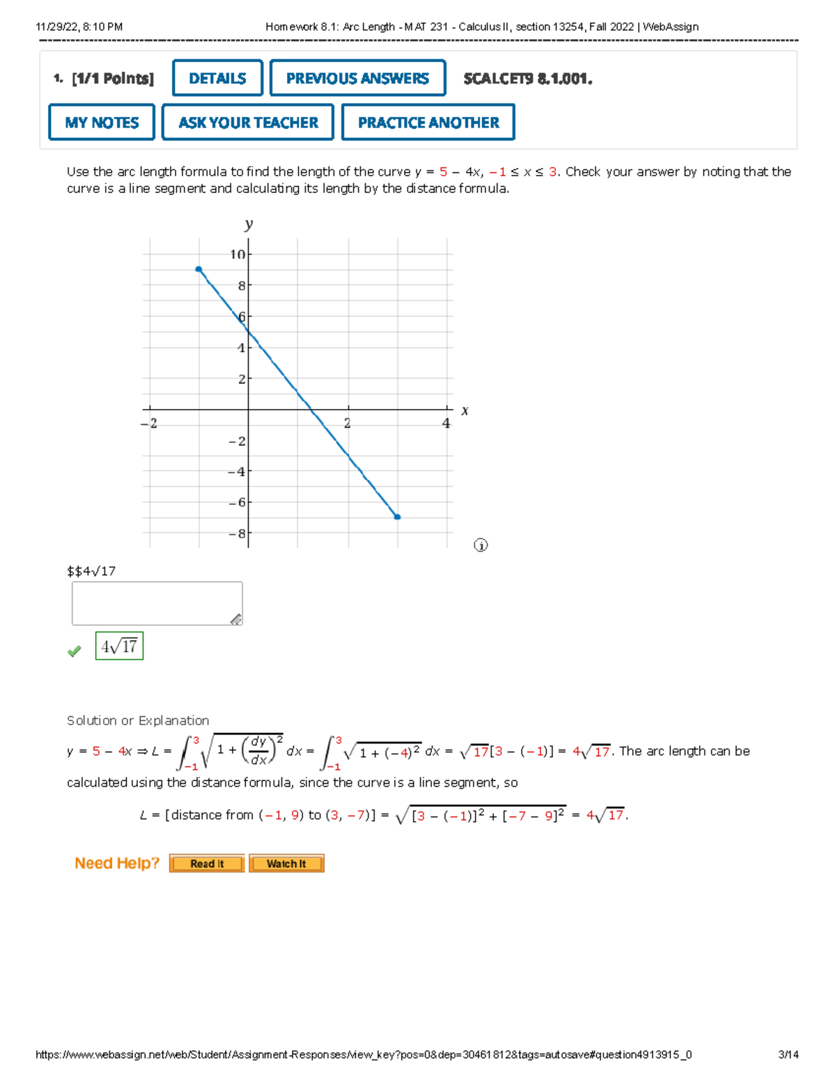 Homework 8 1 Arc Length Mat 231 Calculus Ii Section 13254 Fall