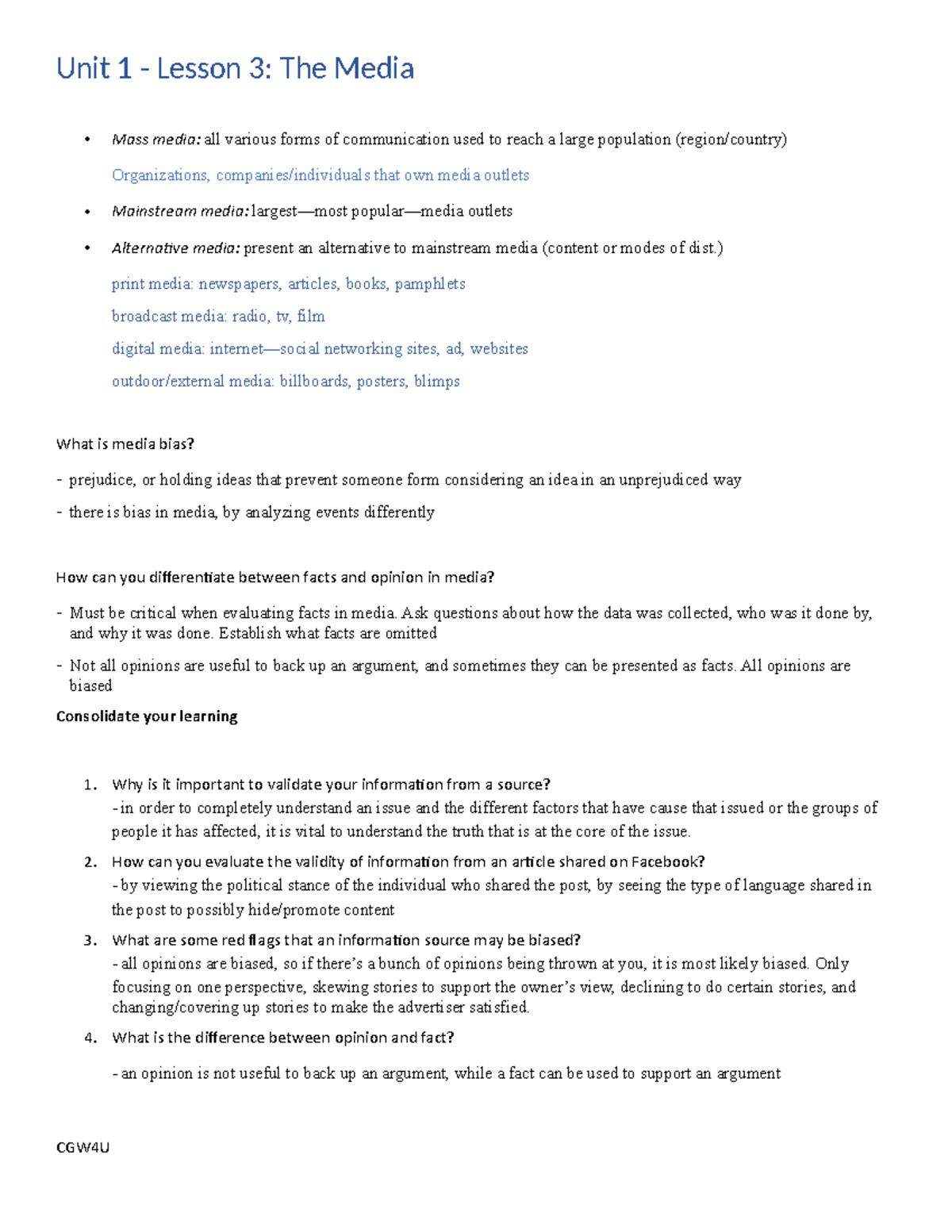 CGW4U: U3 Notes (OVS) - Unit 1 - Lesson 3: The Media Mass media: all ...