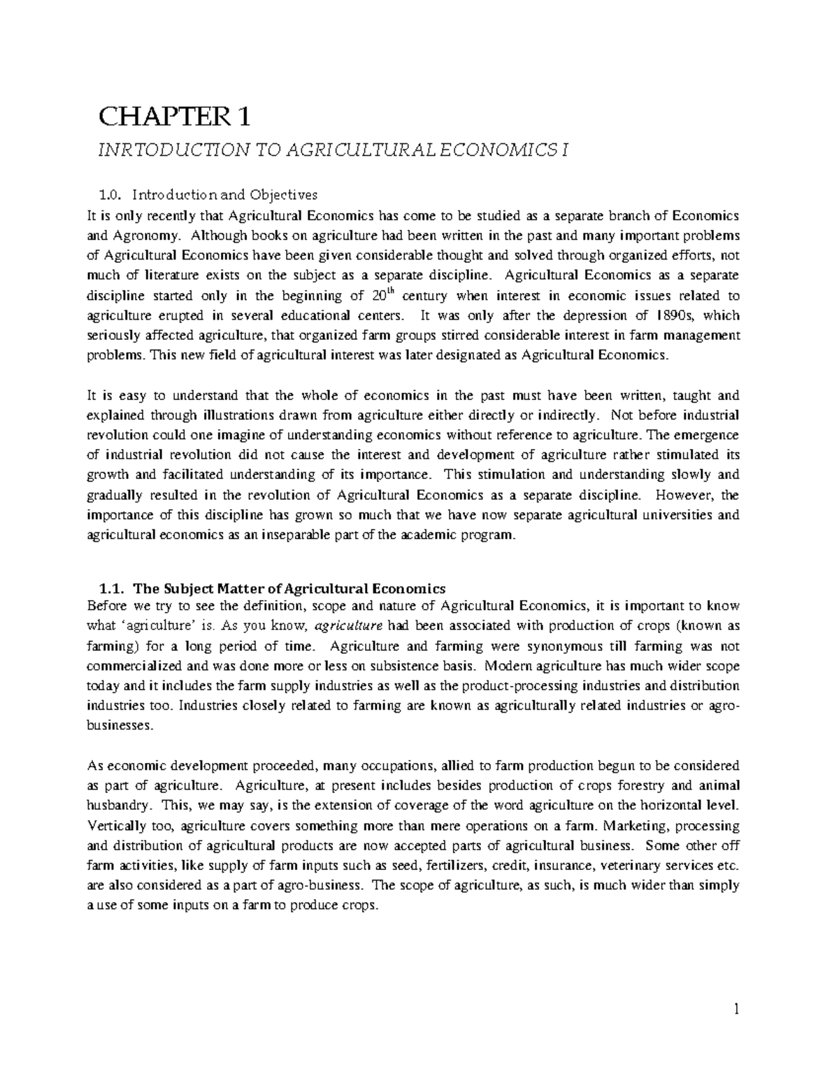 Chapter 1 to 3 Print - CHAPTER 1 INRTODUCTION TO AGRICULTURAL ECONOMICS ...