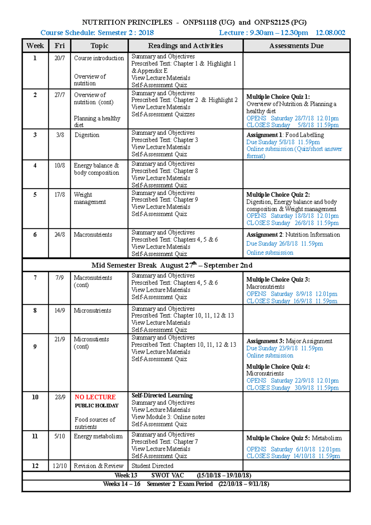 Course Schedule Sem2 2018 - NUTRITION PRINCIPLES (UG) and ONPS2125 (PG) Course Schedule ...