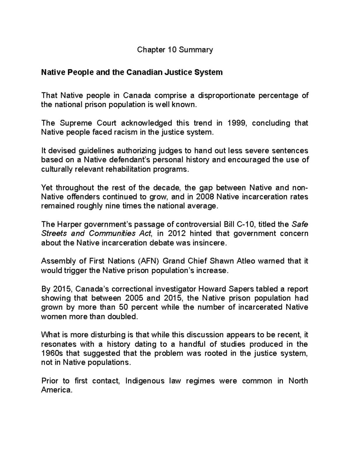 Chapter 10 Summary - Chapter 10 Summary Native People and the Canadian Justice System That ...