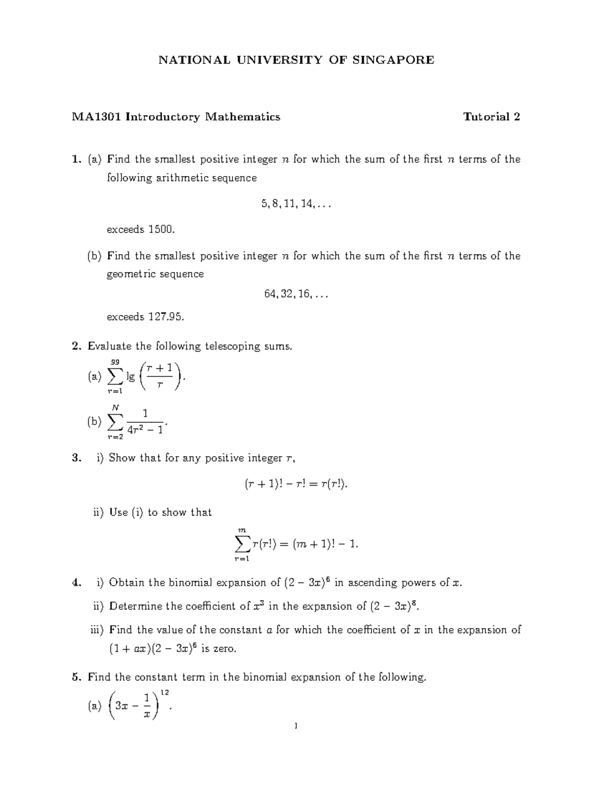 MA1301 Tut 2 Ans 2024 - NATIONAL UNIVERSITY OF SINGAPORE MA1301 ...