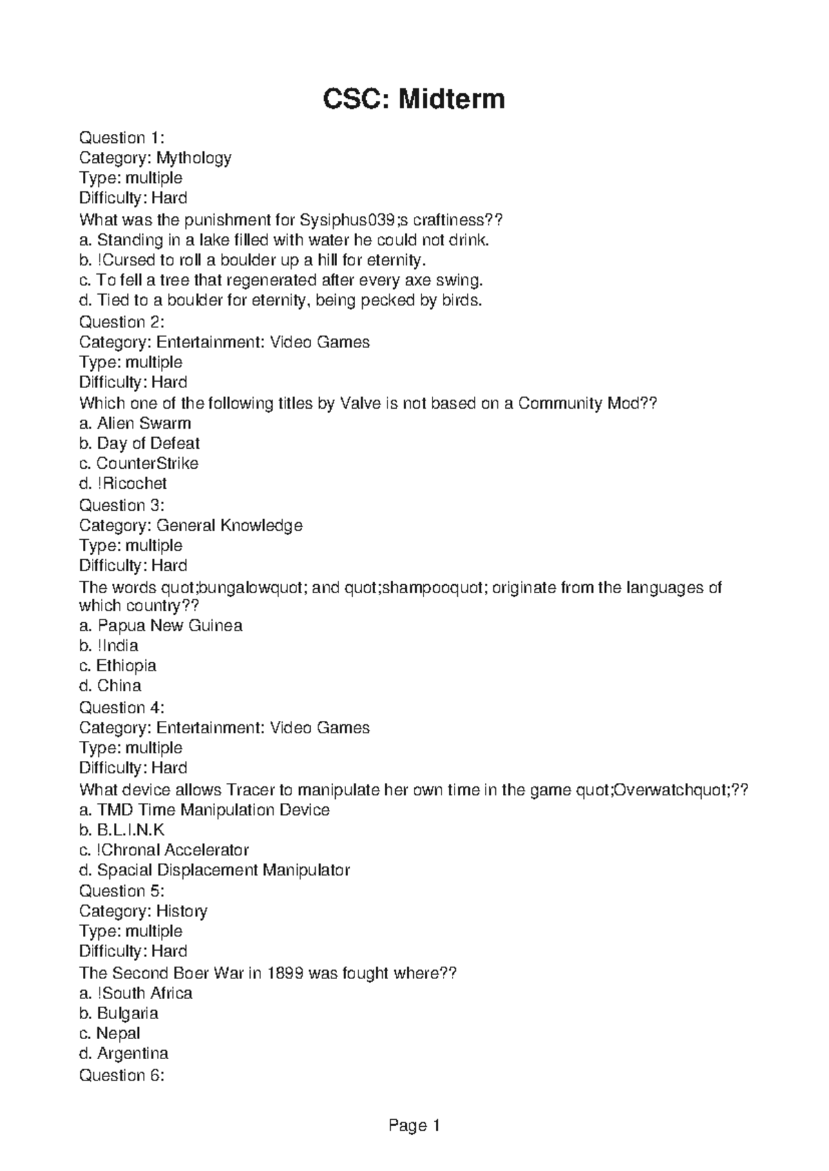 CSC128 Paper 2 - CSC: Midterm Question 1: Category: Mythology Type ...