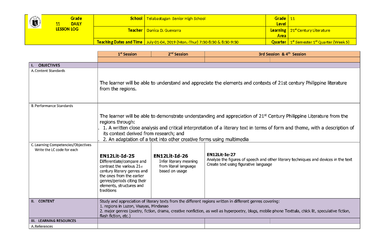 Dll 21st 5th week - 5th week DLL - Grade 11 DAILY LESSON LOG School ...
