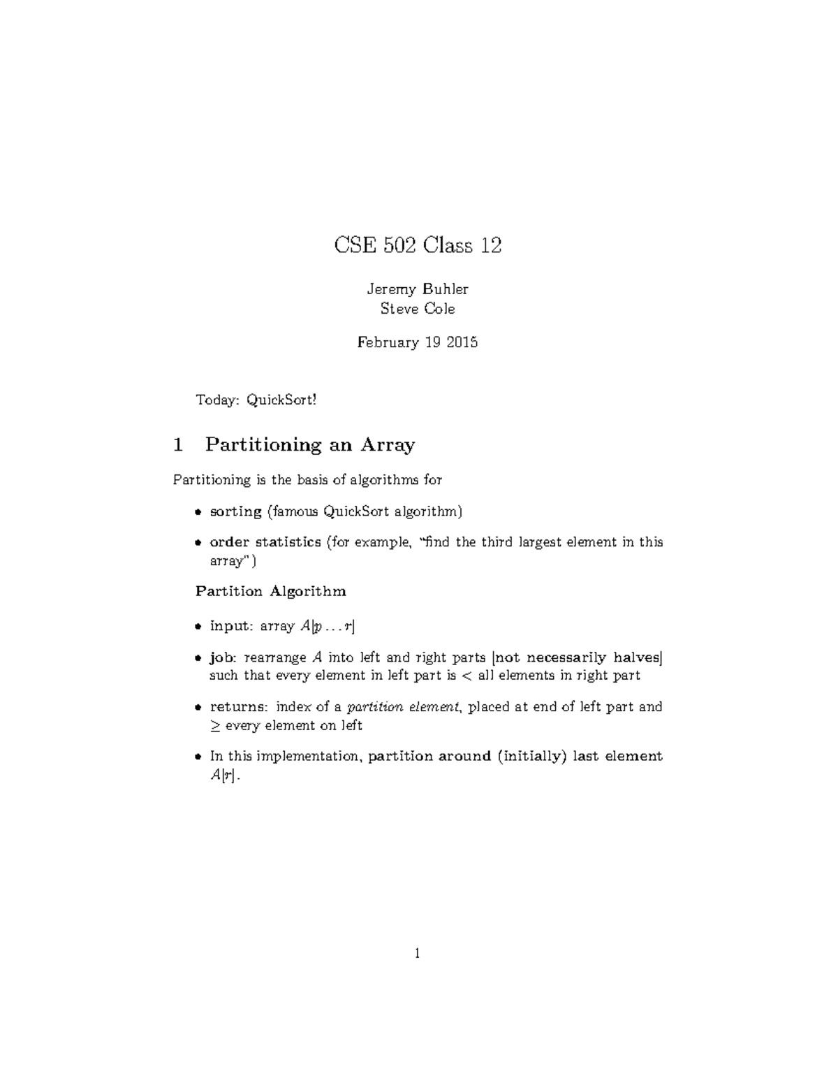 Cse502 2014 2015 Lecture Notes 12 Hashing Partition Alg Cse 502 Class 12 Jeremy Buhler 9162