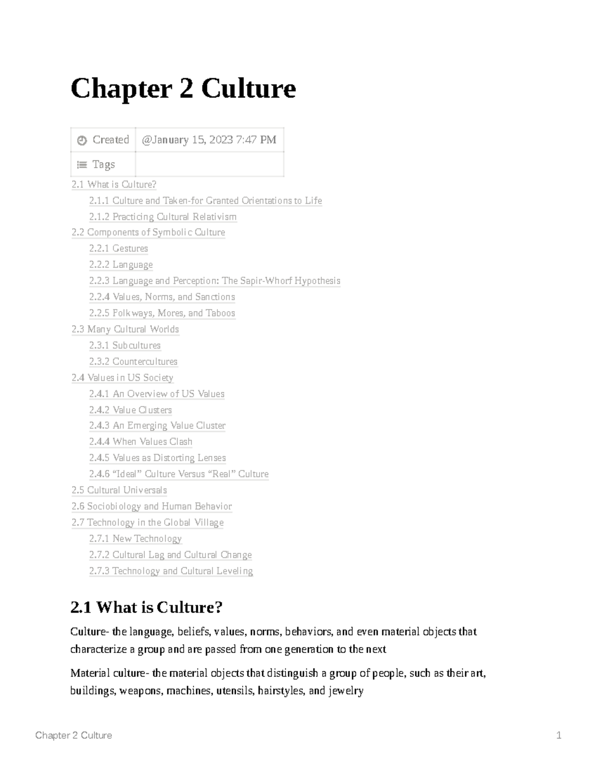 Chapter 2 Culture - Chapter 2 Culture Created Tags 2 What is Culture ...
