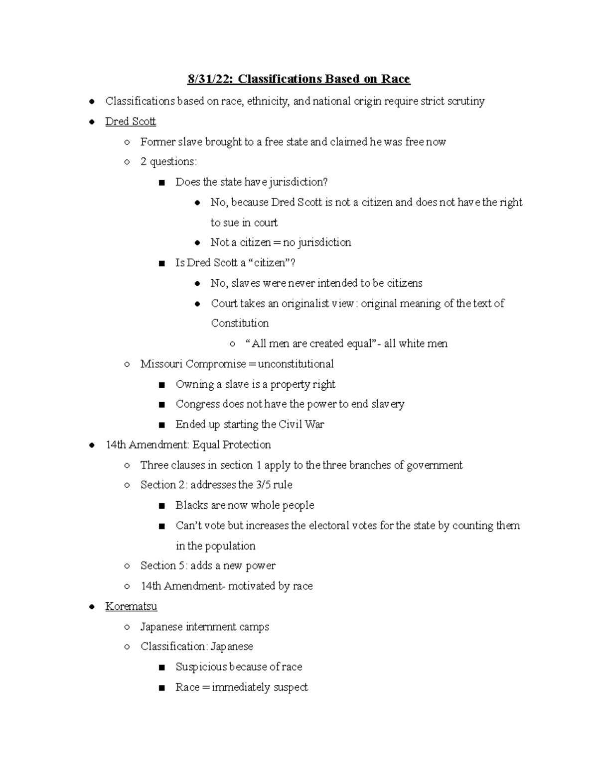 Con Law II- During Class Notes (41) - 8/31/22: Classifications Based on ...